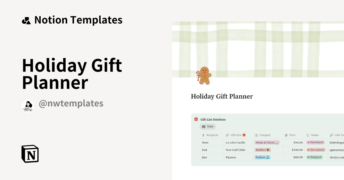 Holiday Gift Planner Template by Nana Wang | Notion Marketplace