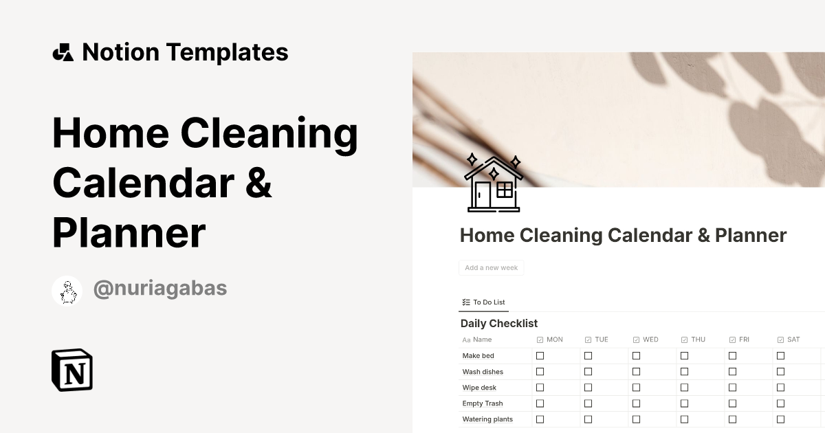 Home Cleaning Calendar & Planner Template | Notion Marketplace