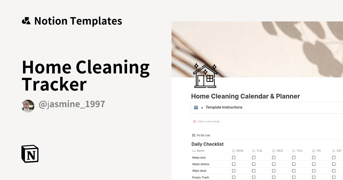 Home Cleaning Tracker Template | Notion Marketplace