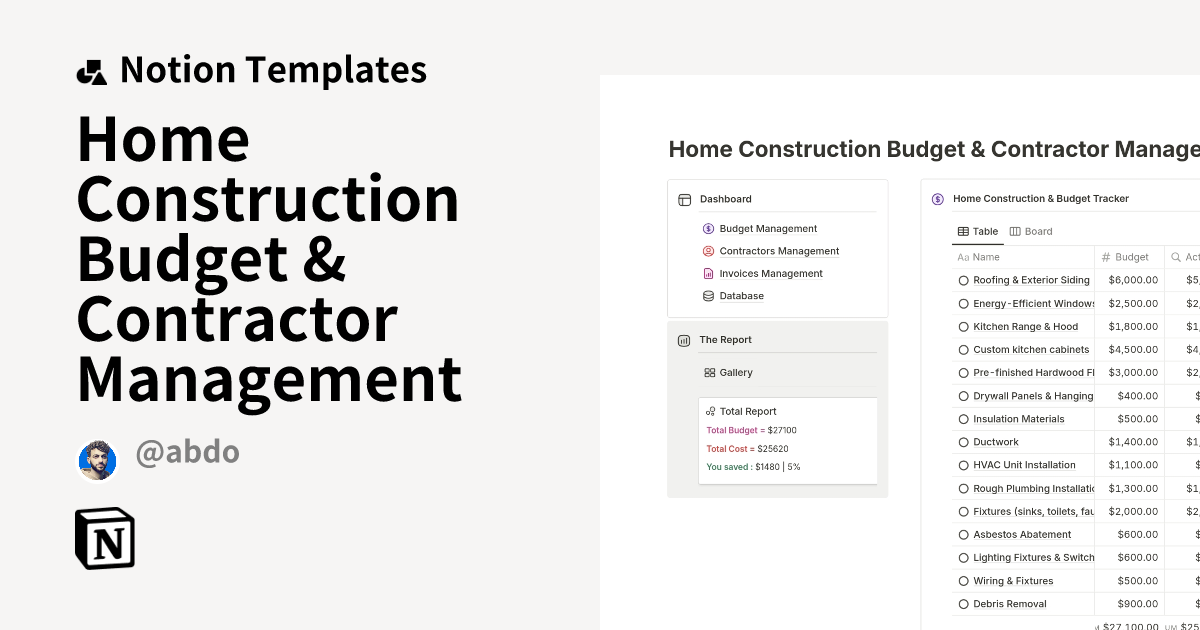 Home Construction Budget & Contractor Management Template by Abdo ...