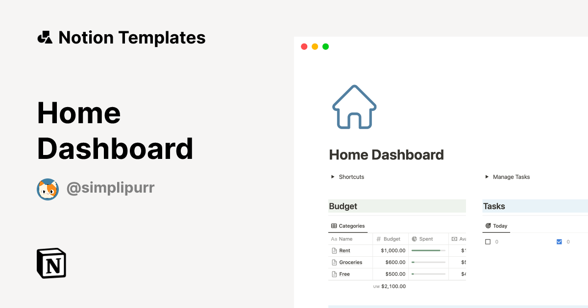 Home Dashboard Template by simplipurr | Notion Marketplace