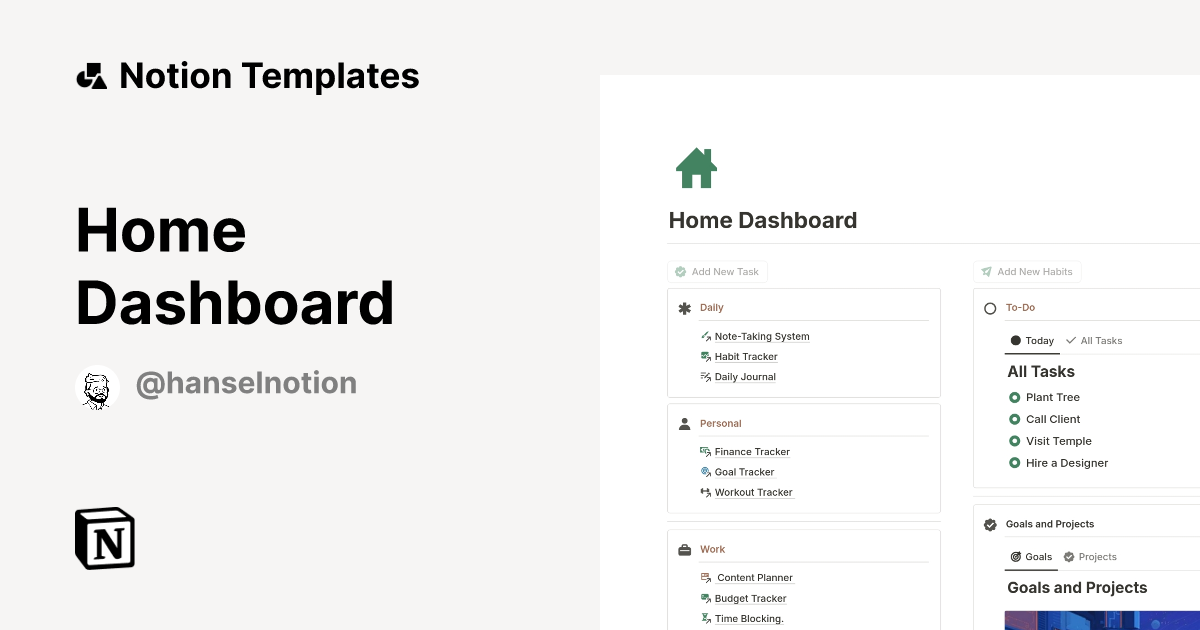 Home Dashboard Template by Hansel Systems | Notion Marketplace