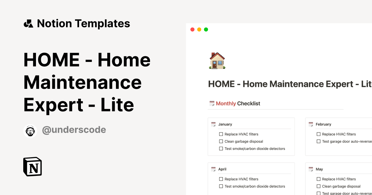 HOME - Home Maintenance Expert - Lite Template by Luis | 🥷🏽 Underscode | Notion Marketplace