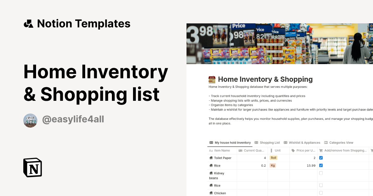 Home Inventory & Shopping list Template | Notion Marketplace
