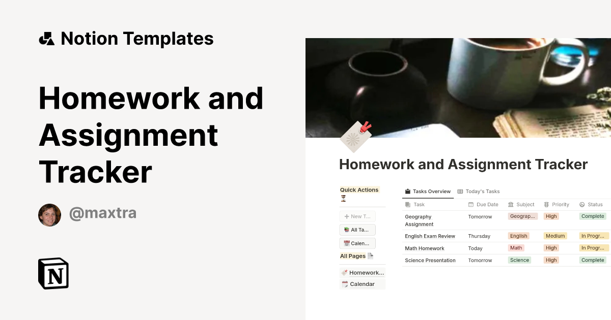 Homework and Assignment Tracker Template | Notion Marketplace