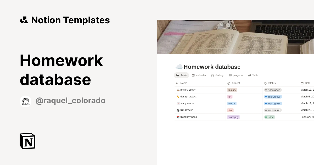 Homework database Template by Raquel | Notion Marketplace