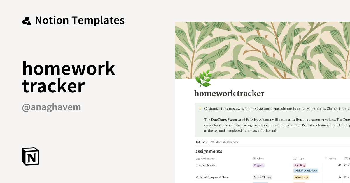 homework tracker Template | Notion Marketplace