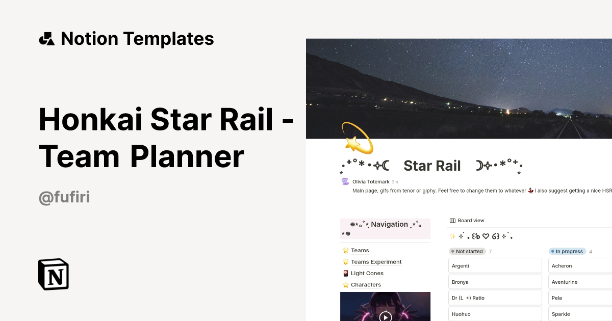 Honkai Star Rail - Team Planner Template by Fufiri | Notion Marketplace