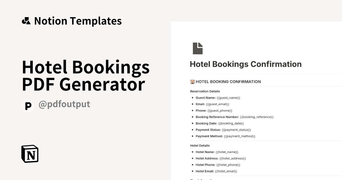 Hotel Bookings PDF Generator Template by PDFOutput | Notion Marketplace
