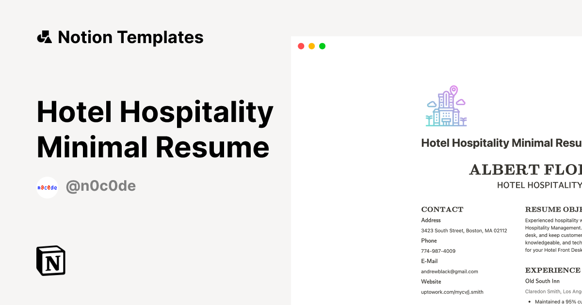Hotel Hospitality Minimal Resume Template by n0c0de | Notion Marketplace
