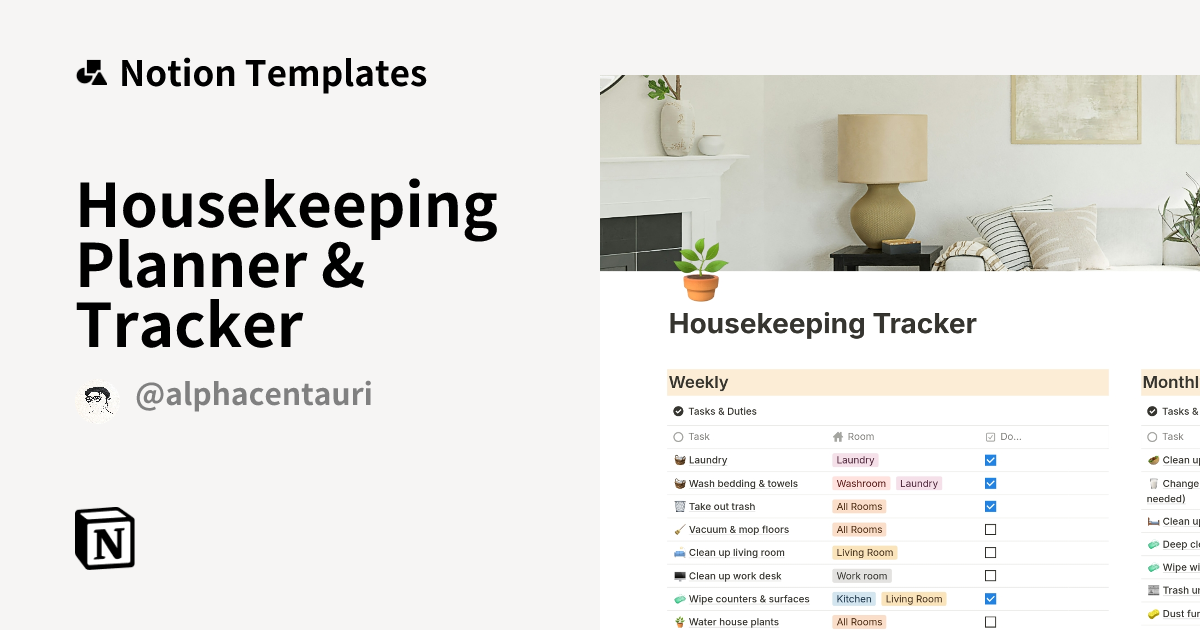 Housekeeping Planner & Tracker Template | Notion Marketplace