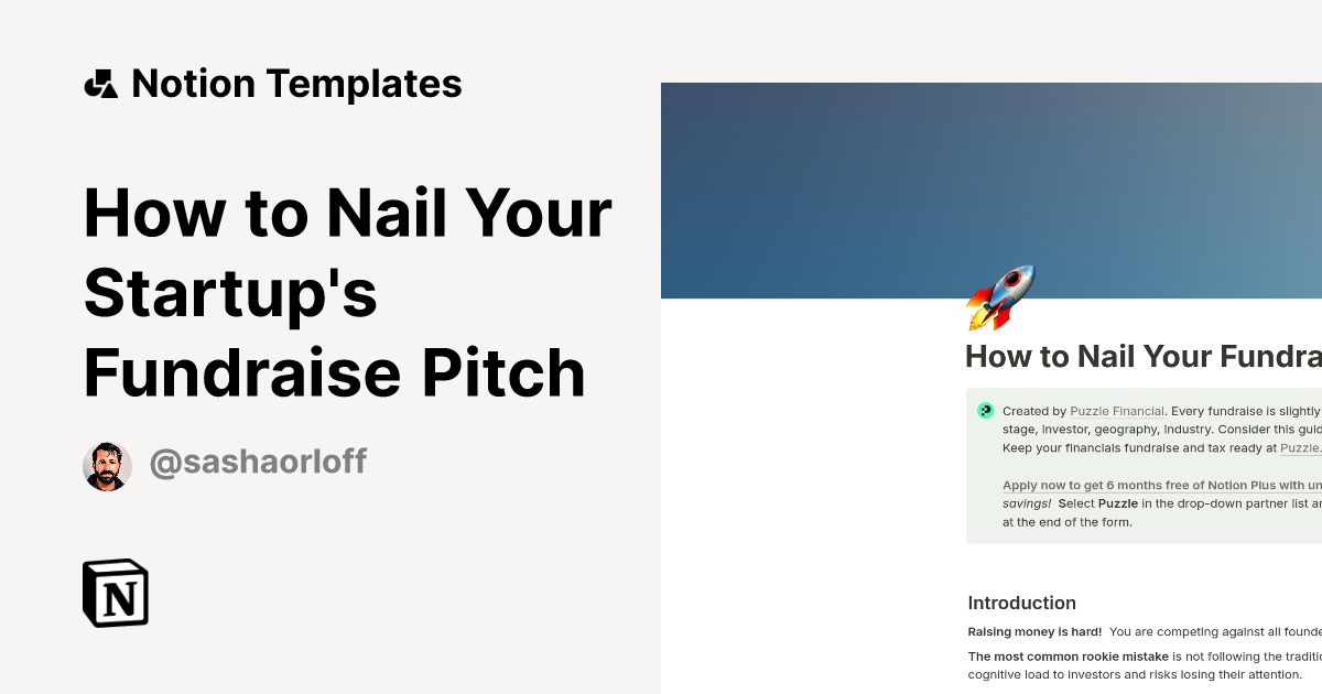 How to Nail Your Startup's Fundraise Pitch Template by Sasha Orloff | Notion Marketplace