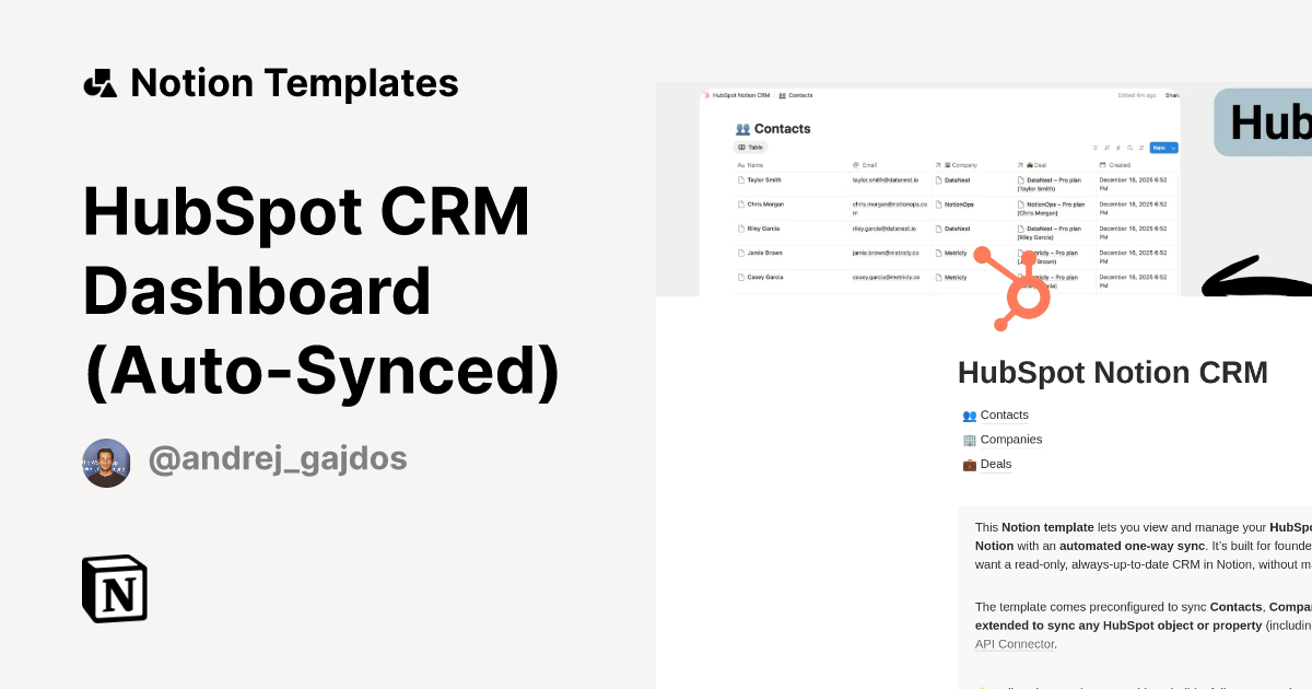 HubSpot CRM Dashboard (Auto-Synced) Template by Andrej Gajdos | Notion ...