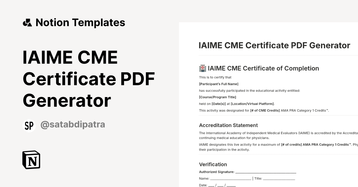 IAIME CME Certificate PDF Generator Template by Satabdi Patra | Notion ...
