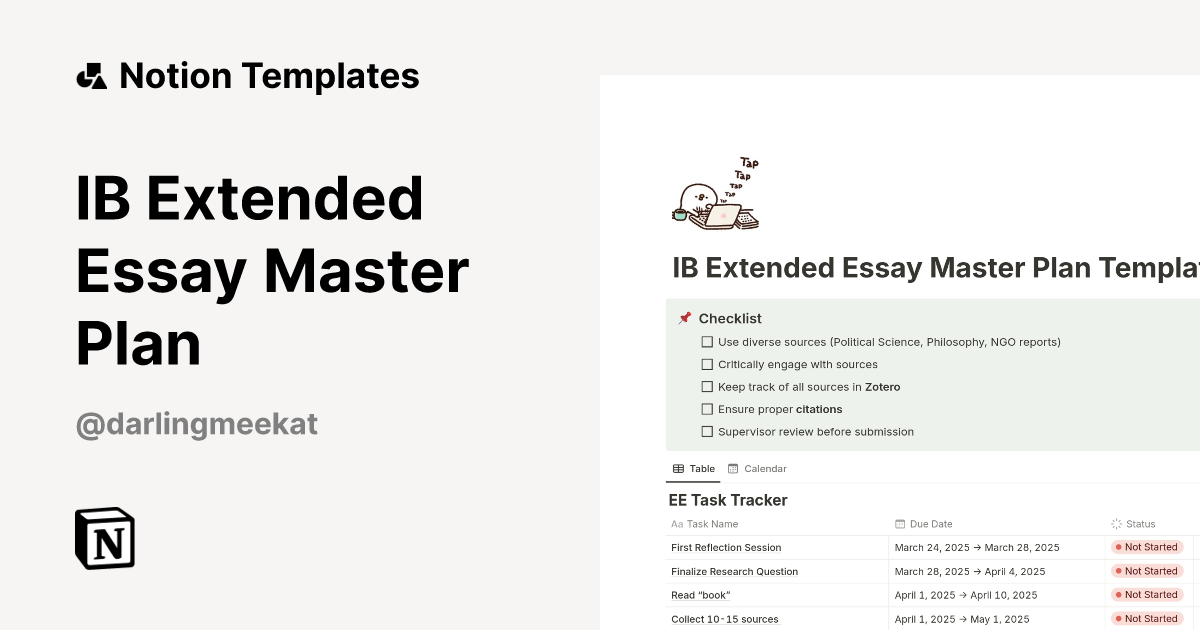 IB Extended Essay Master Plan Template by Darling Meekat | Notion Marketplace