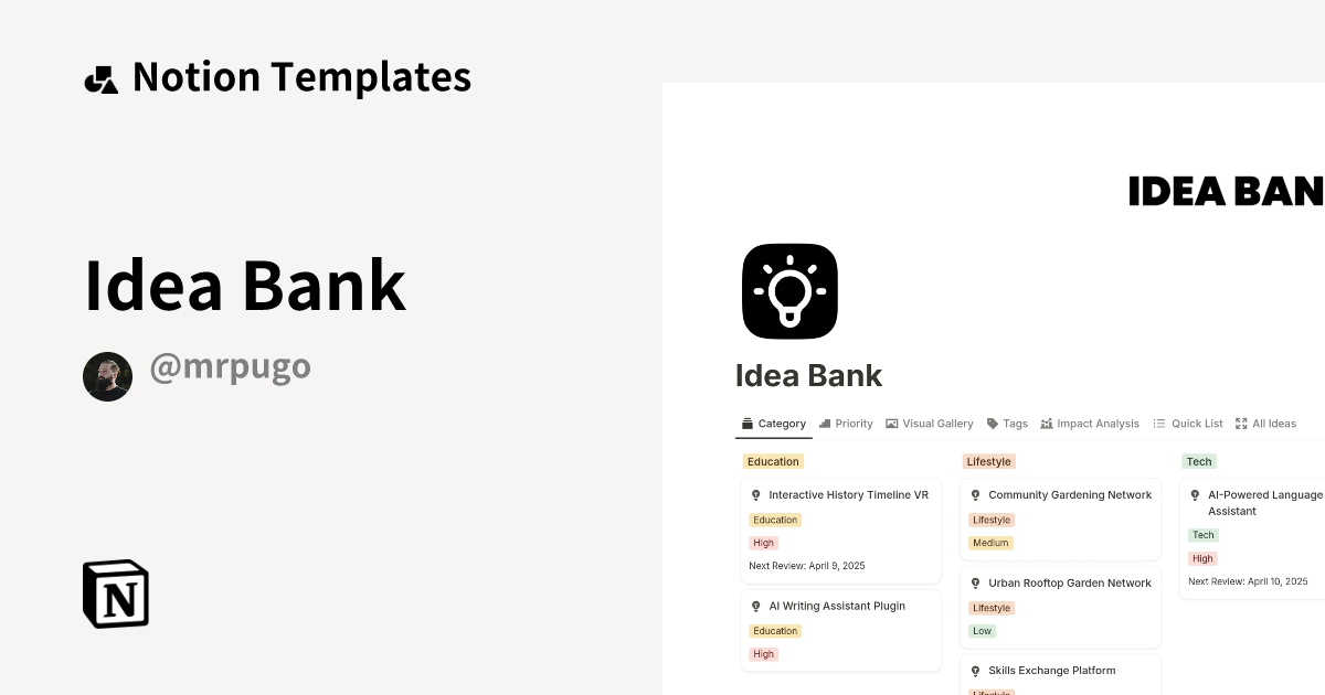 Idea Bank Template by mrpugo | Notion Marketplace