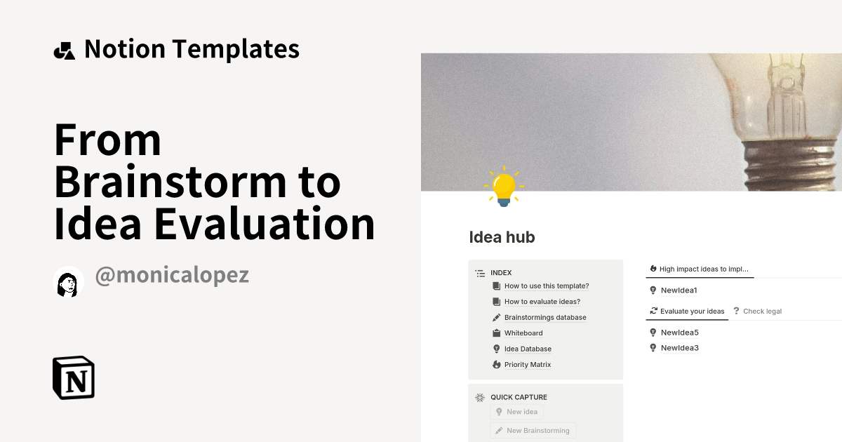 From Brainstorm to Idea Evaluation Template by Monica Lopez | Notion Marketplace