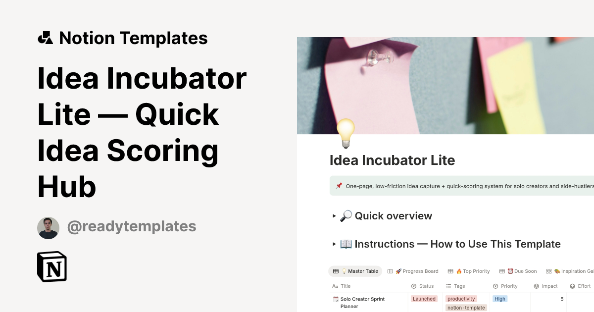 Idea Incubator Lite — Quick Idea Scoring Hub Template | Notion Marketplace