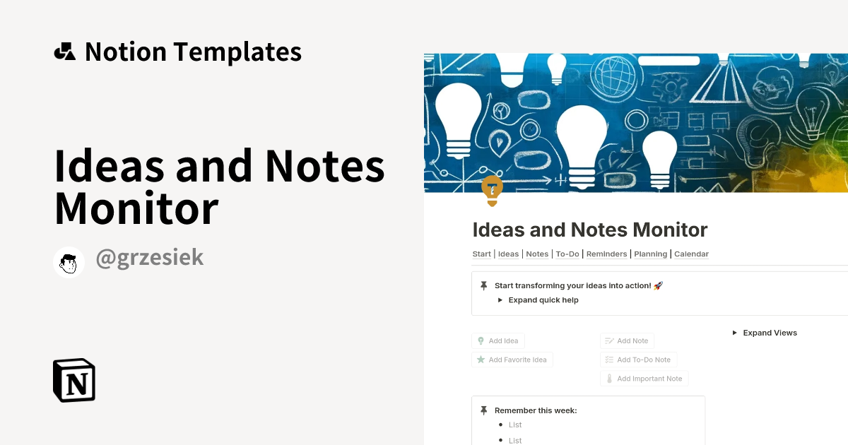 Ideas and Notes Monitor Template by Grzesiek | Fibon | Notion Marketplace