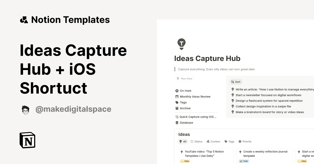 Ideas Capture Hub + iOS Shortuct Template | Notion Marketplace