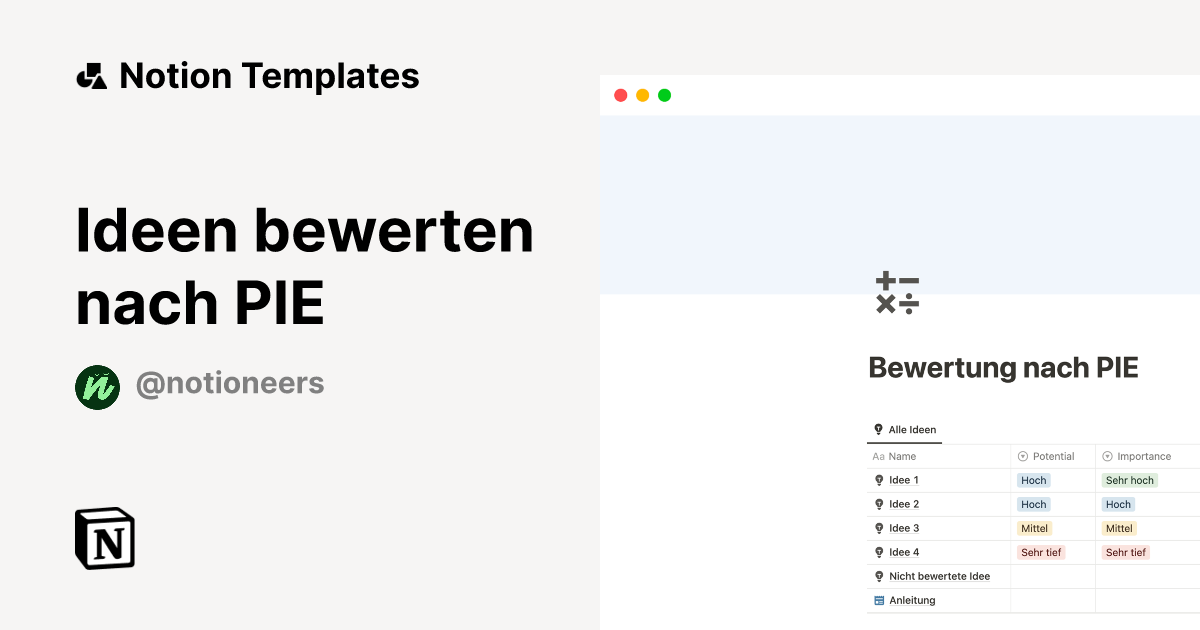 Ideen bewerten nach PIE Template | Notion Marketplace