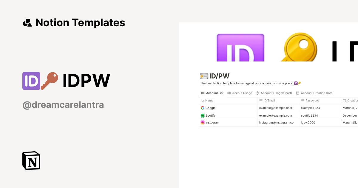🆔️🔑 IDPW Template by DreamCarElantra | Notion Marketplace