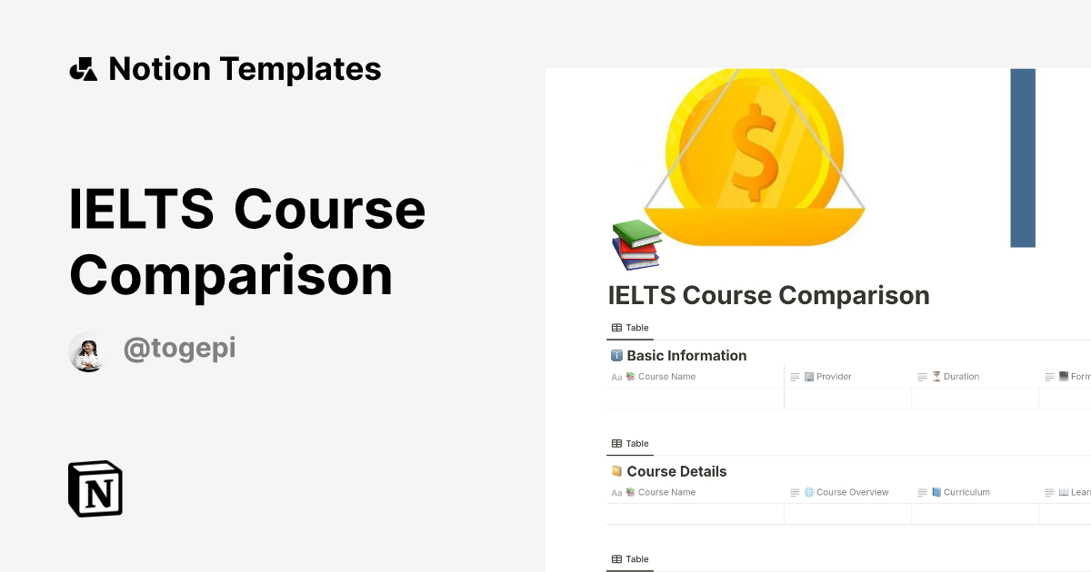 IELTS Course Comparison Template by TogepiLinhVuu | Notion Marketplace