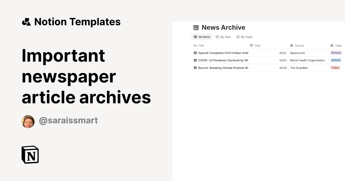 Important newspaper article archives Template by SaraIsSmart | Notion ...