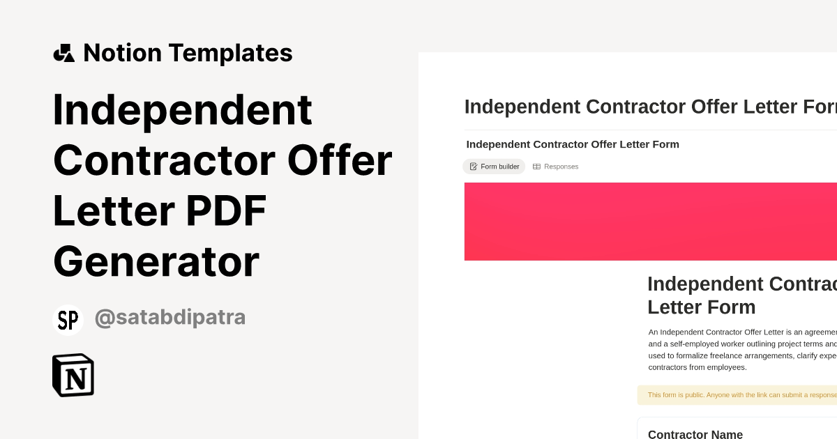 Independent Contractor Offer Letter PDF Generator Template | Notion ...