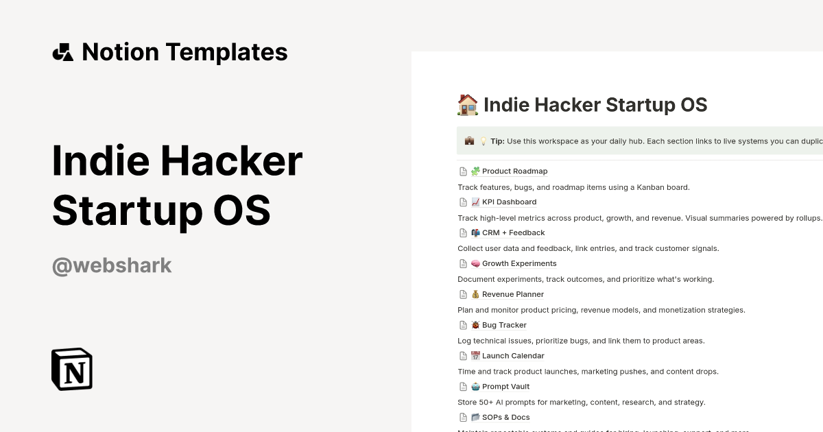 Indie Hacker Startup OS Template by webshark | Notion Marketplace