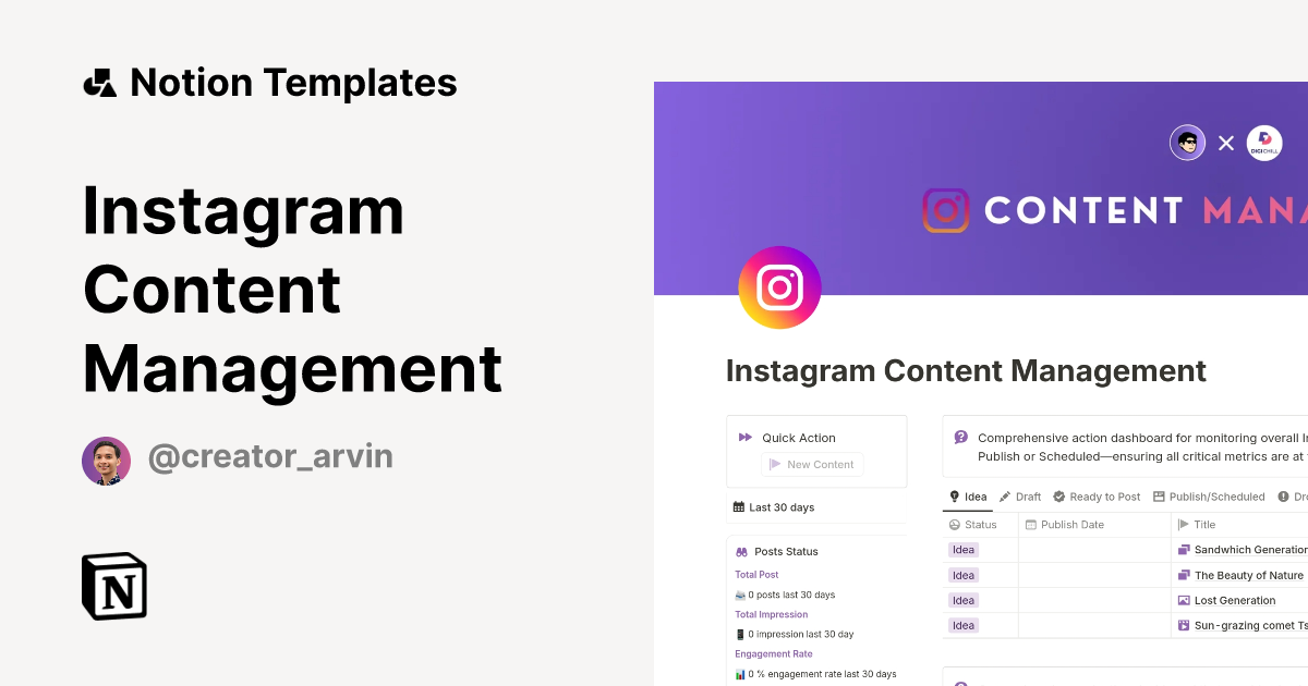 Instagram Content Management Template by Arvin Asyikin | Notion Marketplace