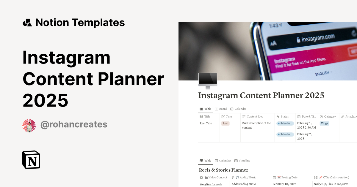 Instagram Content Planner 2025 Template by Rohan | Notion Marketplace