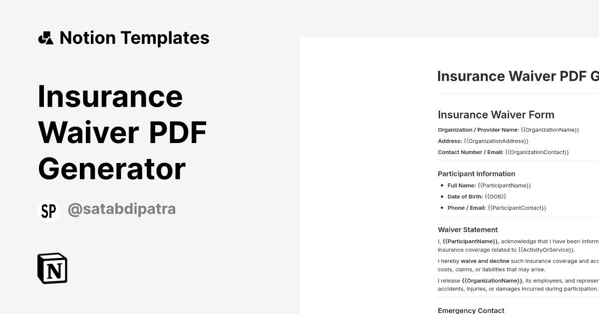 Insurance Waiver PDF Generator Template by Satabdi Patra | Notion ...