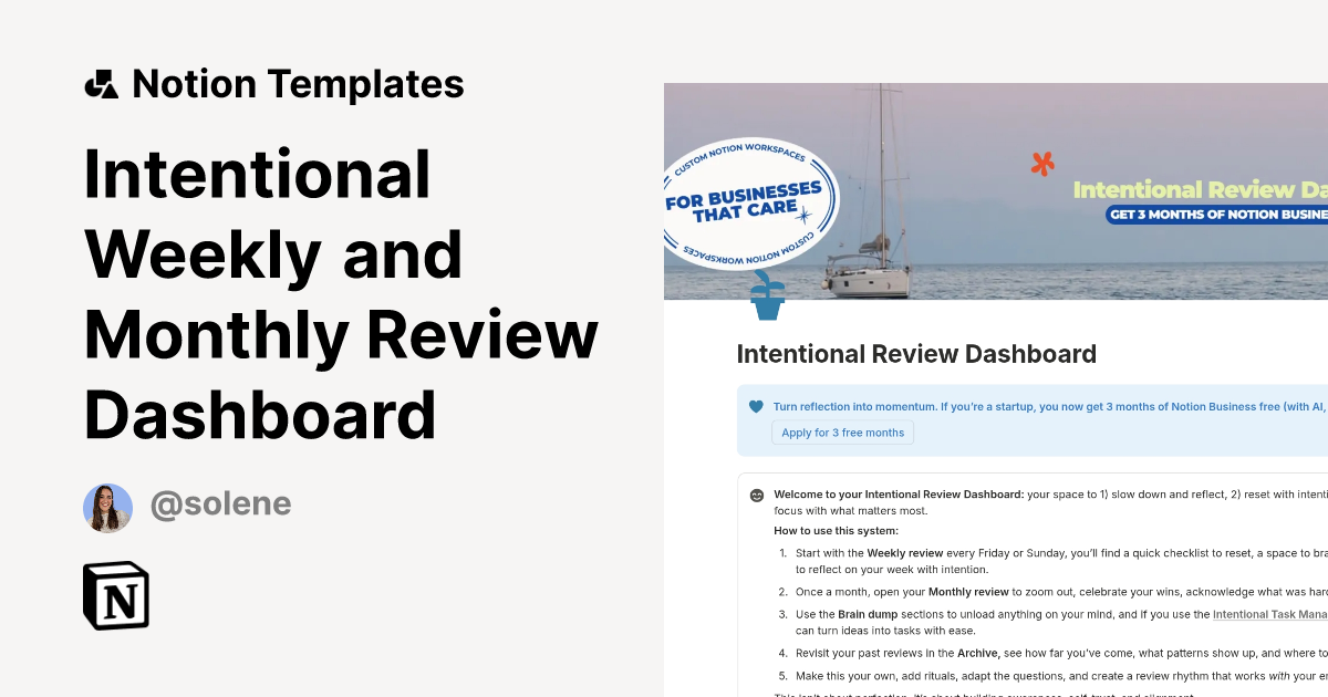 Intentional Weekly and Monthly Review Dashboard Template | Notion Marketplace