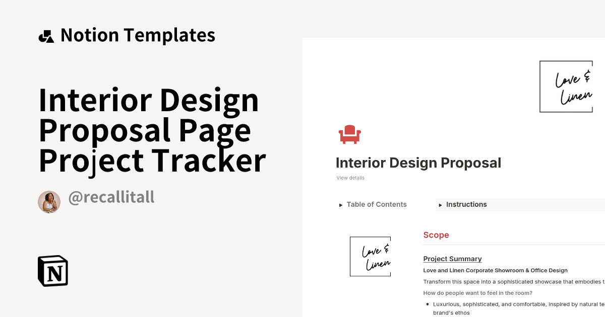 Interior Design Proposal Page Project Tracker Template | Notion Marketplace