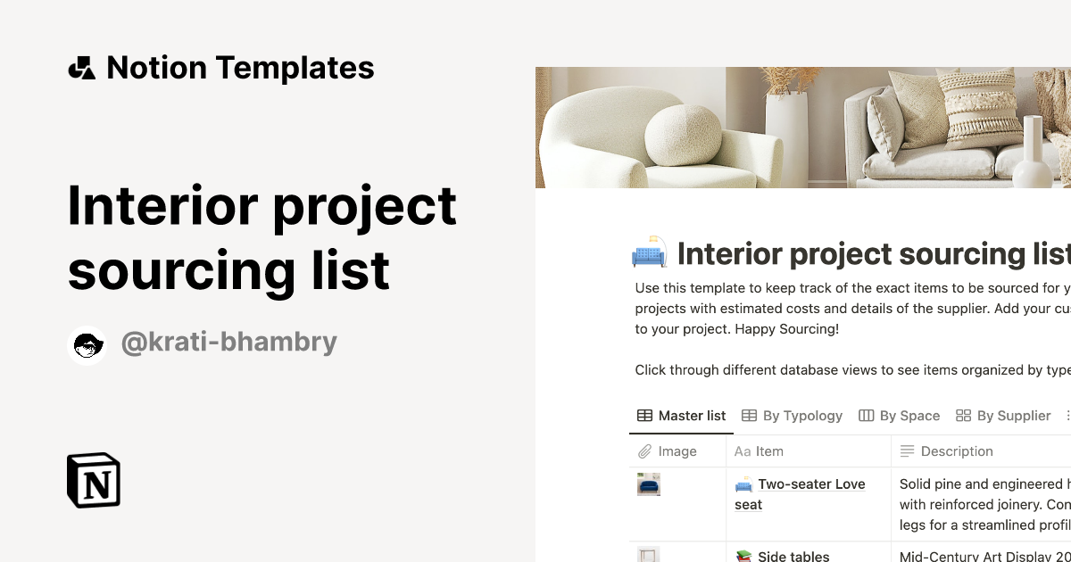 Interior project sourcing list Template | Notion Marketplace