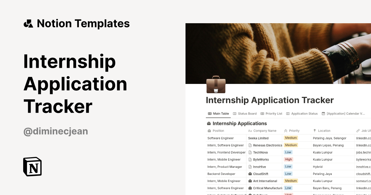 Internship Application Tracker Template by Looi Wei En | Notion Marketplace