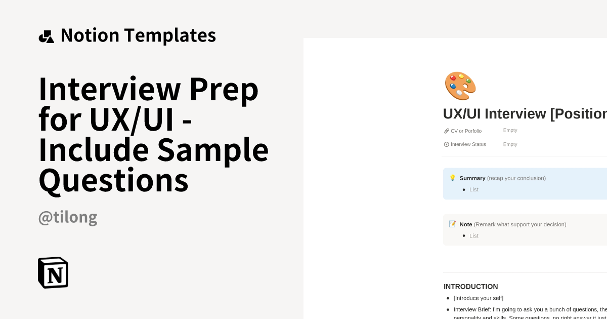 Interview Prep for UX/UI - Include Sample Questions Template | Notion ...