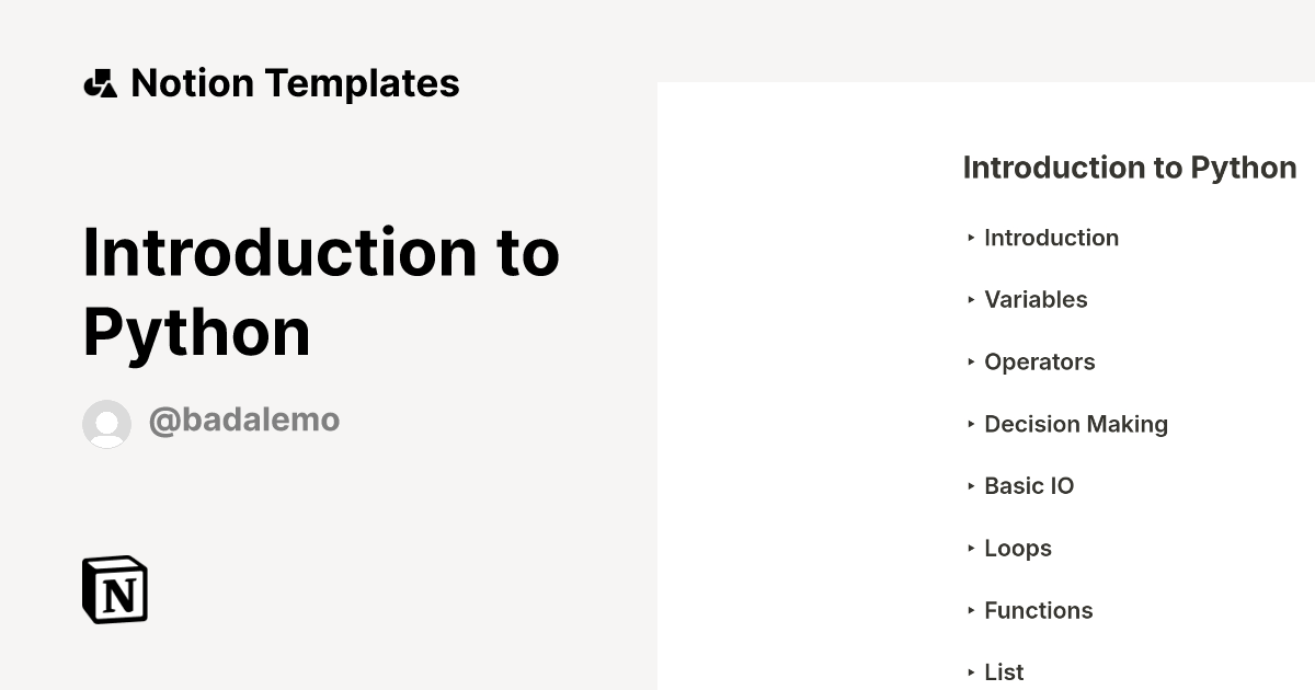 Introduction To Python Template By Badalemo Notion Marketplace