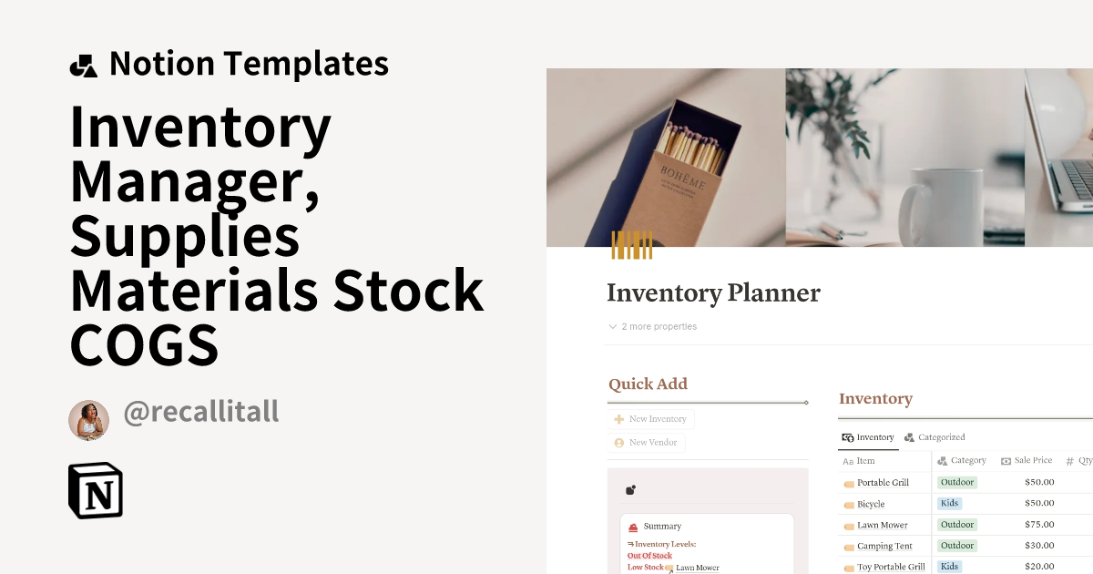Inventory Manager, Supplies Materials Stock COGS Template | Notion ...