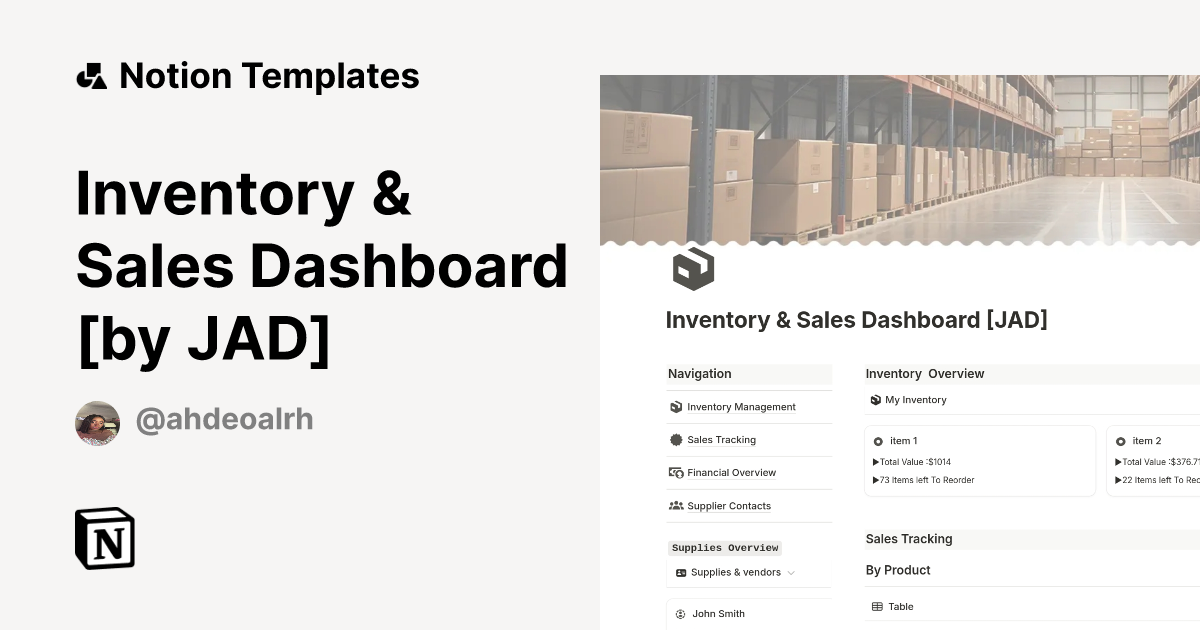 Inventory & Sales Dashboard [by JAD] Template by Dami | Notion Marketplace