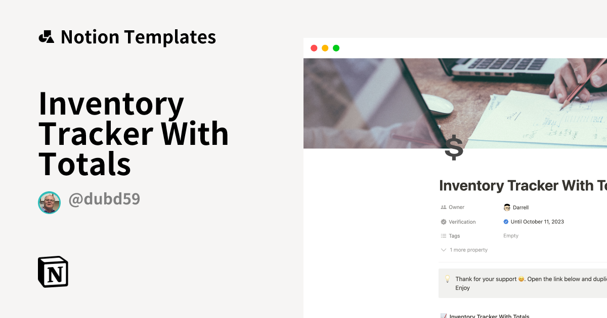 Inventory Tracker With Totals Template by Dubd Productions | Notion ...
