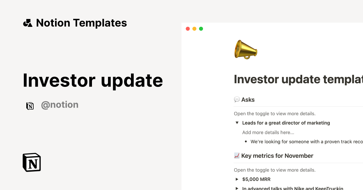 Investor Update 2026 Template Notion Marketplace