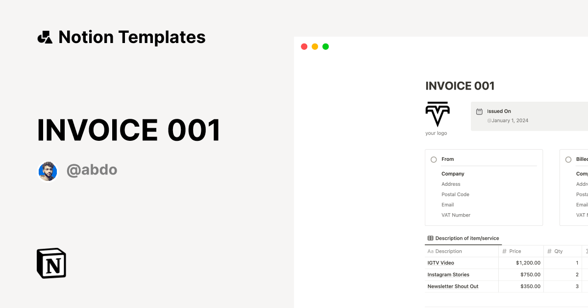 INVOICE 001 Template | Notion Marketplace