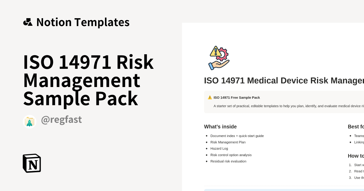 ISO 14971 Risk Management Sample Pack Template by RegFast | Notion ...
