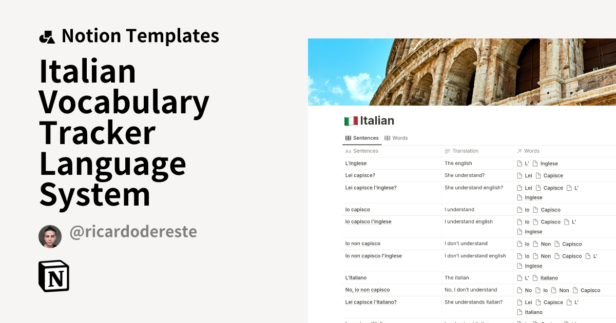 Italian Vocabulary Tracker Language System Template | Notion Marketplace