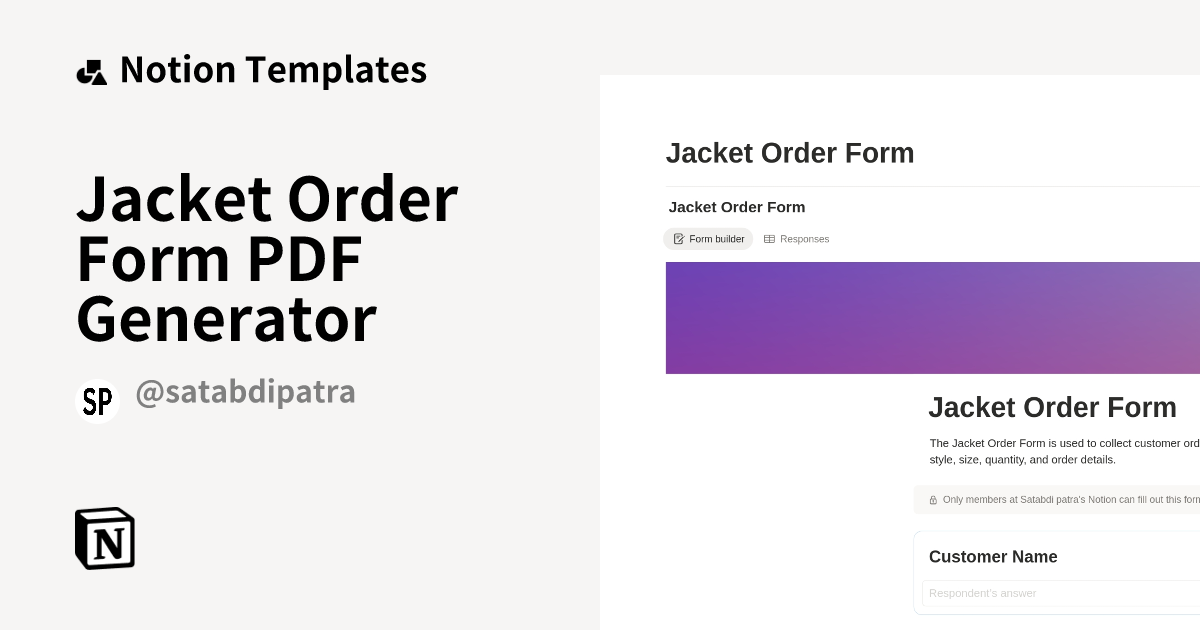Jacket Order Form PDF Generator Template by Satabdi Patra | Notion ...