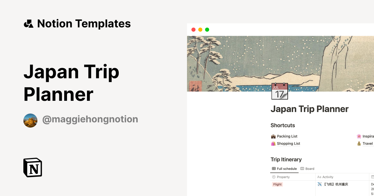 Japan Trip Planner Template by Maggie Hong | Notion Marketplace