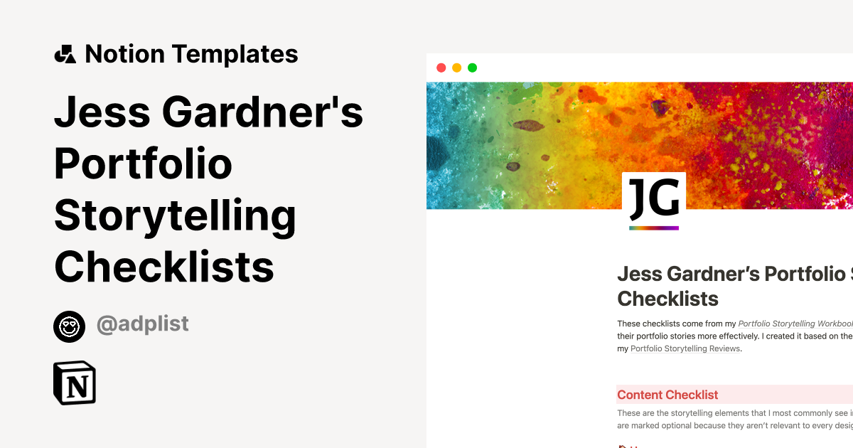 Jess Gardner's Portfolio Storytelling Checklists Template | Notion ...