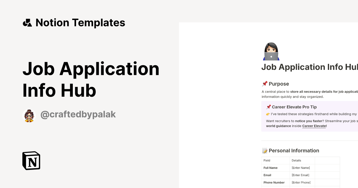 Job Application Info Hub Template by craftedbypalak | Notion Marketplace